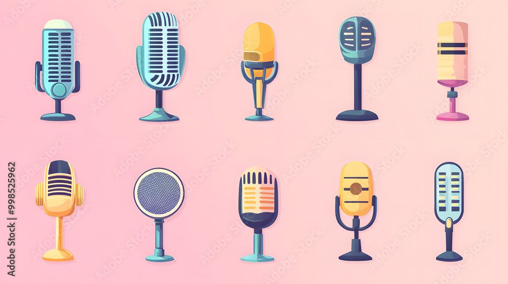 Simple pastel microphone set of icons with smooth lines and pastel ...