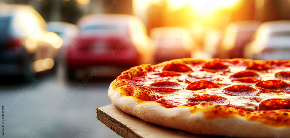 A drive-thru menu showing pizza options, with cars lining up in the ...