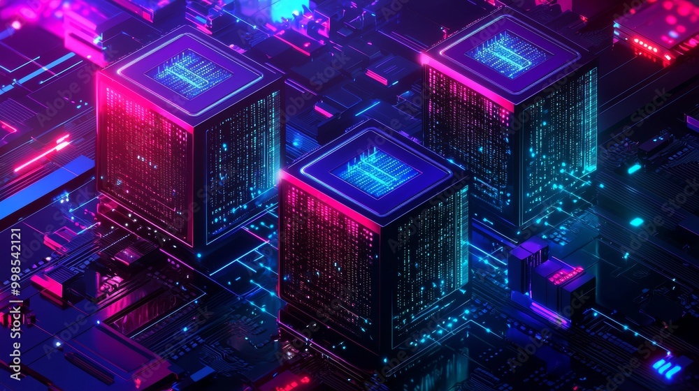 In an isometric view, a data center, big data processing concept, and digital information ...