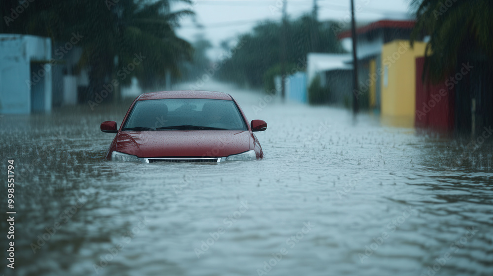 Submerged Street Adventure, a car navigates through a flooded road ...