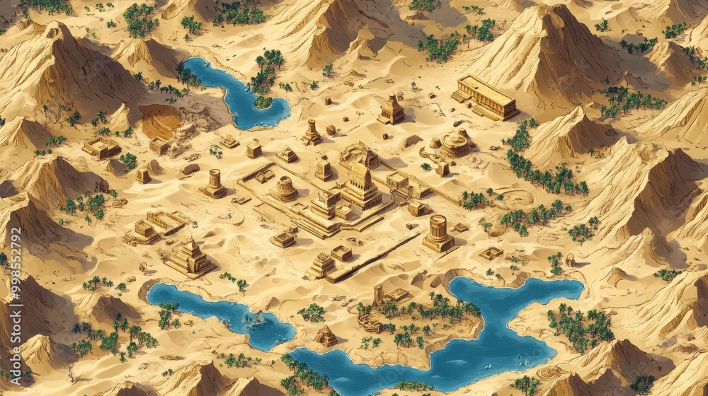 Detailed map of a vast desert with oases ancient temples and sand dunes ...