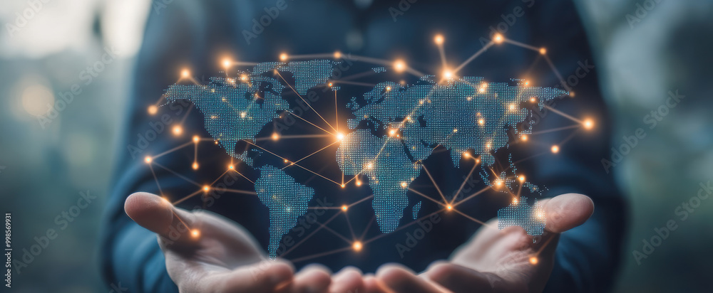 Digital technology, businessman holding Global network connection. Big ...