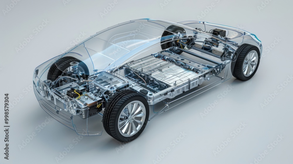 Transparent view of electric vehicle structure, highlighting complex ...