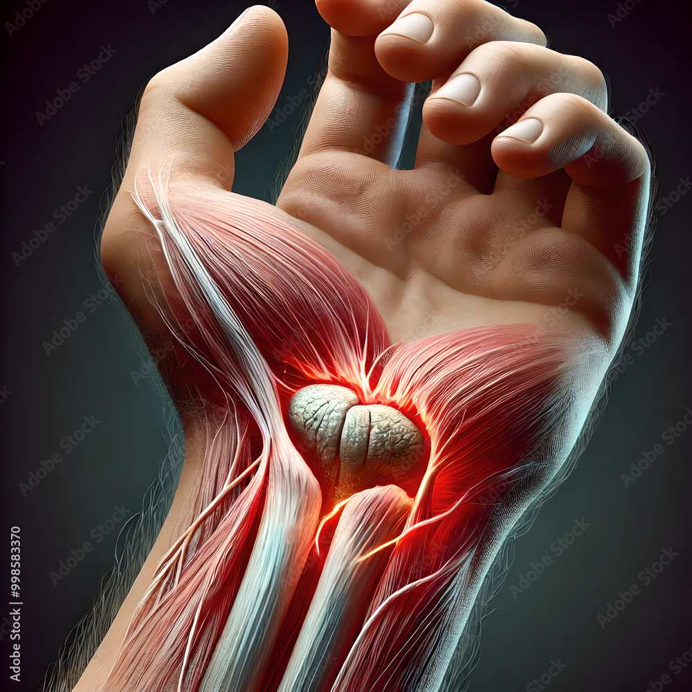 3D showing tendonitis, focusing on the inflamed tendon in the wrist or ...