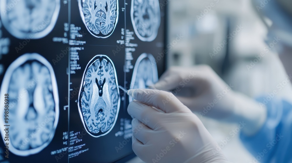Foto de A neurosurgeon attentively reviews detailed MRI scans of the ...