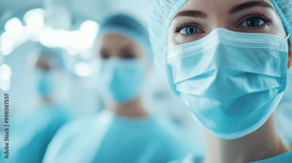 A focused medical team in surgical attire, working together in a ...