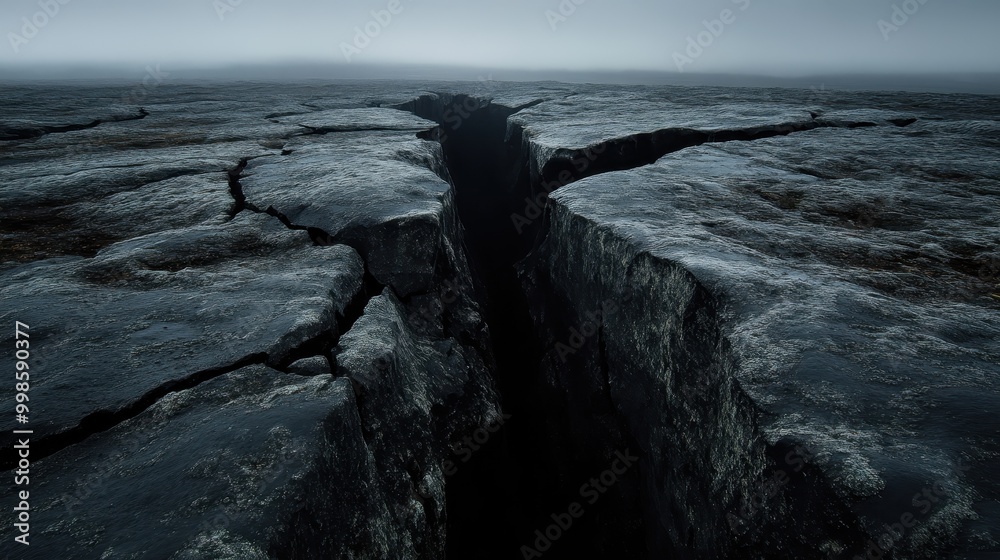 A dramatic and powerful image of a deep crack in a dark, rocky ...