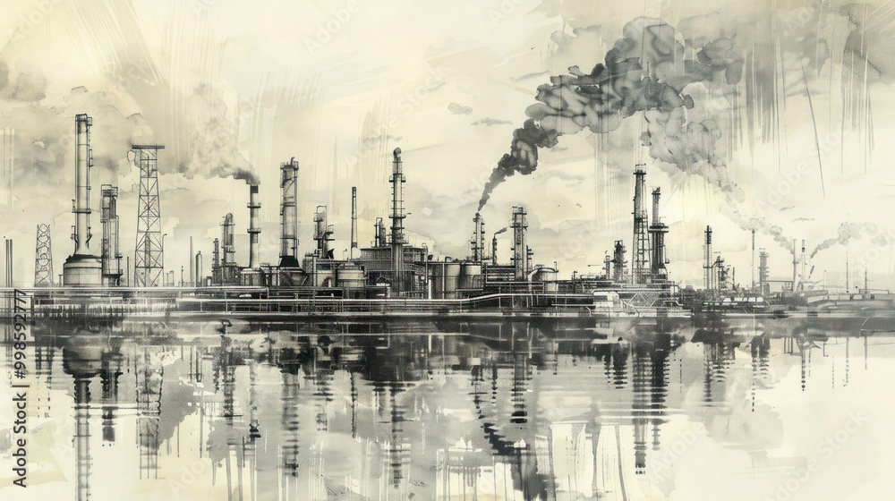 Line drawing depicting an industrial landscape featuring an oil ...