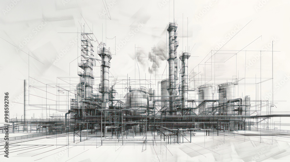 Line drawing depicting an industrial landscape featuring an oil ...