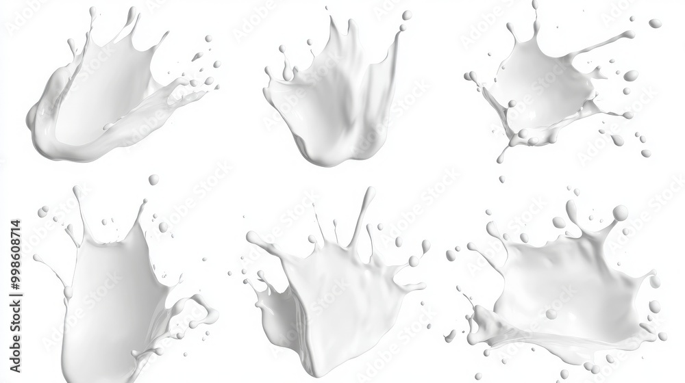 Collection of white milk splashes isolated on a clean white or ...