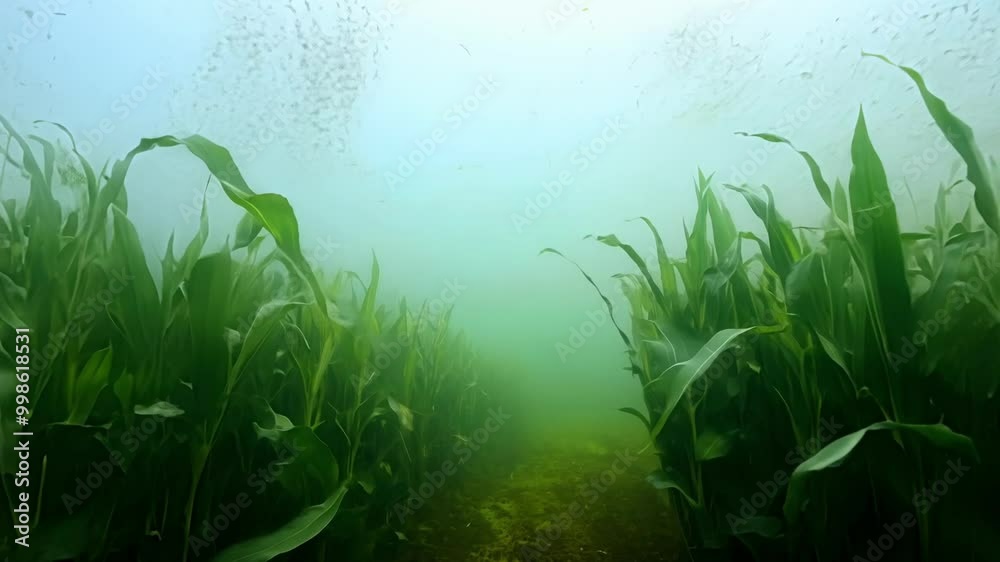 Rows of corn growing underwater, creating an eerie and somber scene of ...