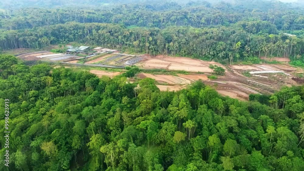 Aerial view of a rainforest being cleared, highlighting the devastating ...