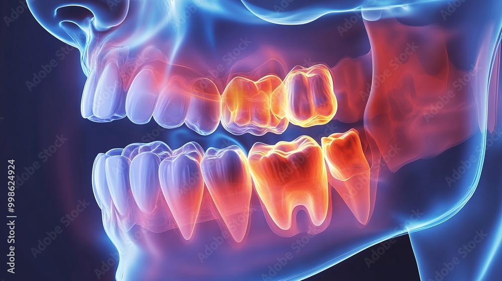 Medical, xray and illustration of teeth in mouth for wisdom tooth ...