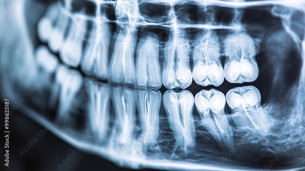 Medical, xray and illustration of teeth in mouth for wisdom tooth ...