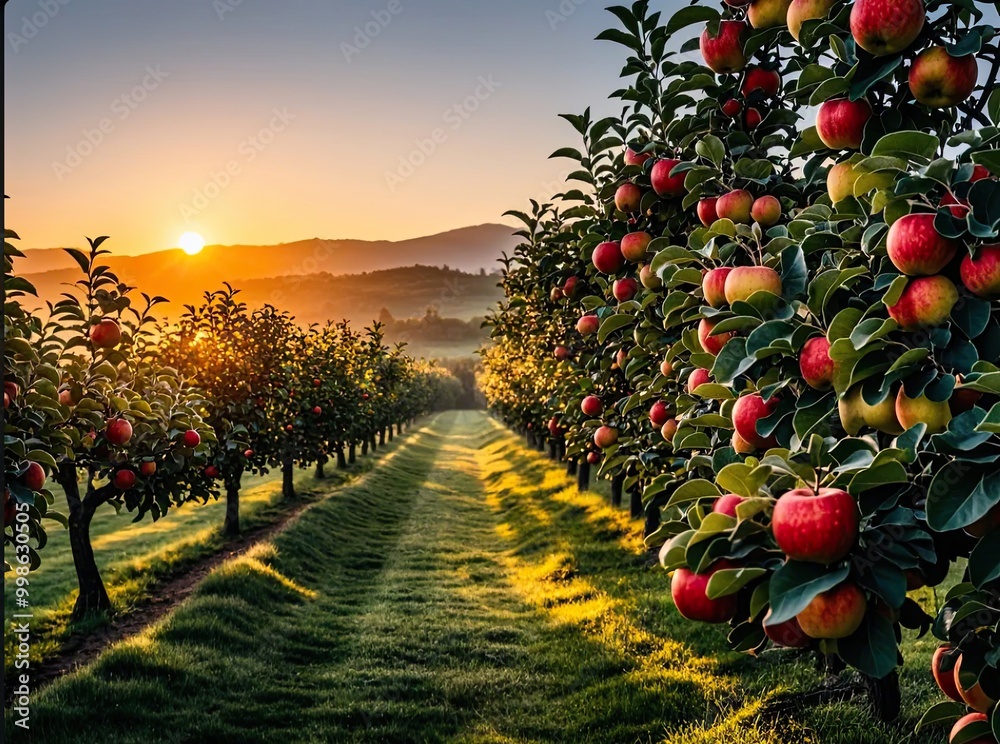 A quiet orchard at dawn, apples hanging from trees as the sun peeks ...