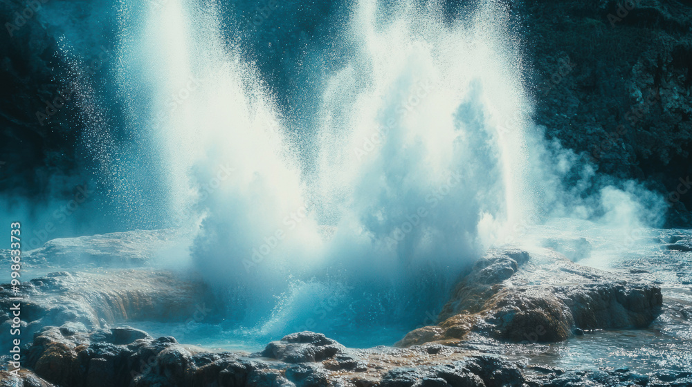 geyser erupting, shooting water and steam high into air, creates ...