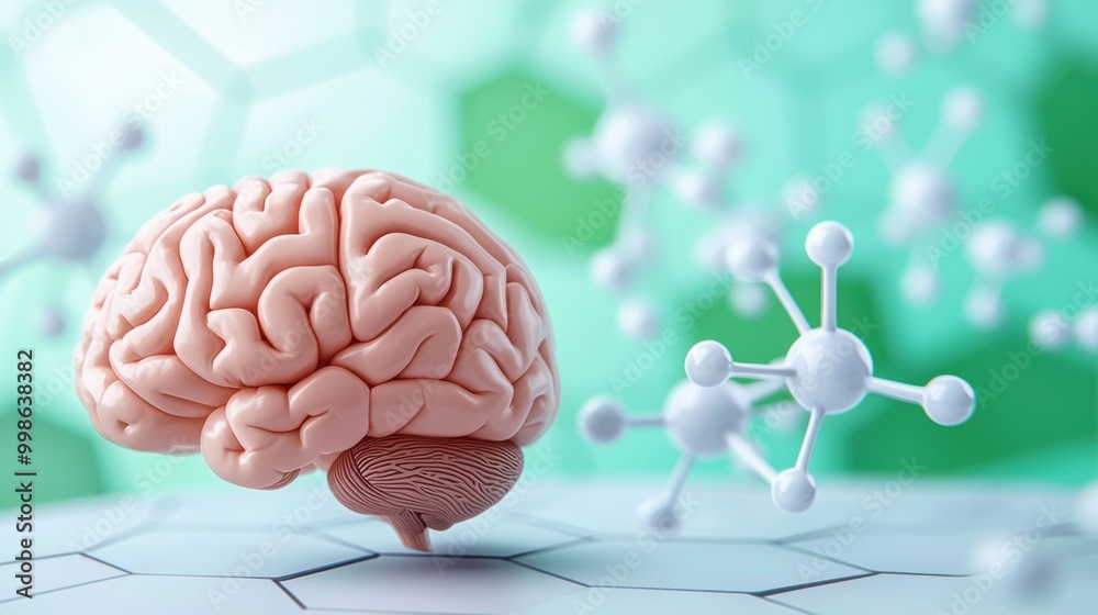 Serotonin molecules interacting with brain illustration A 3D ...
