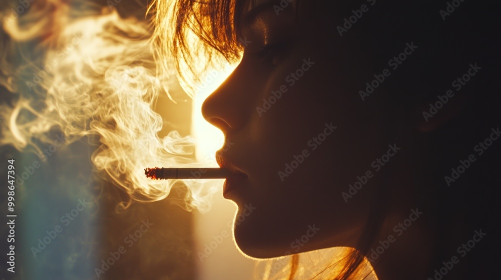 Close-up profile of a woman smoking a cigarette, with smoke billowing ...
