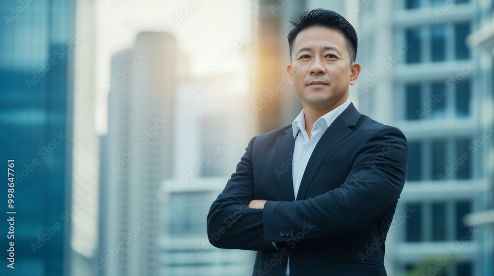 A distinguished middle-aged Asian man in a dark suit stands confidently ...