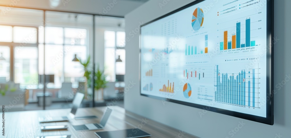 Modern office showcasing a large screen displaying colorful data ...
