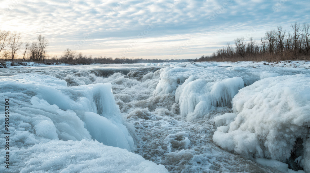 Rushing water flows through ice dammed river, creating stunning ...