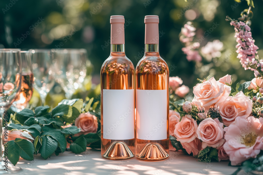 Bottles of rose wine with mock-up labels on the table decorated of pink ...