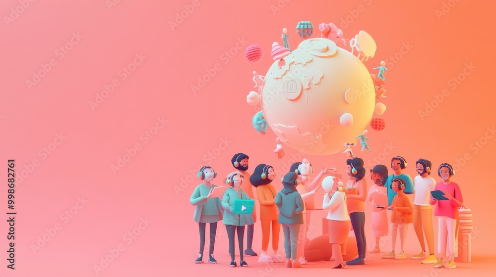 Diverse group of people gathered around a 3D globe, with colorful ...