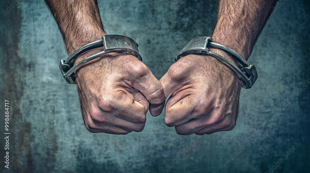 Hands secured in police handcuffs against a rustic background ...