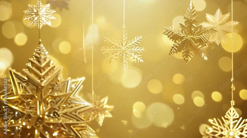 Golden 3D snowflakes gently sway air shining festive bokeh background ...