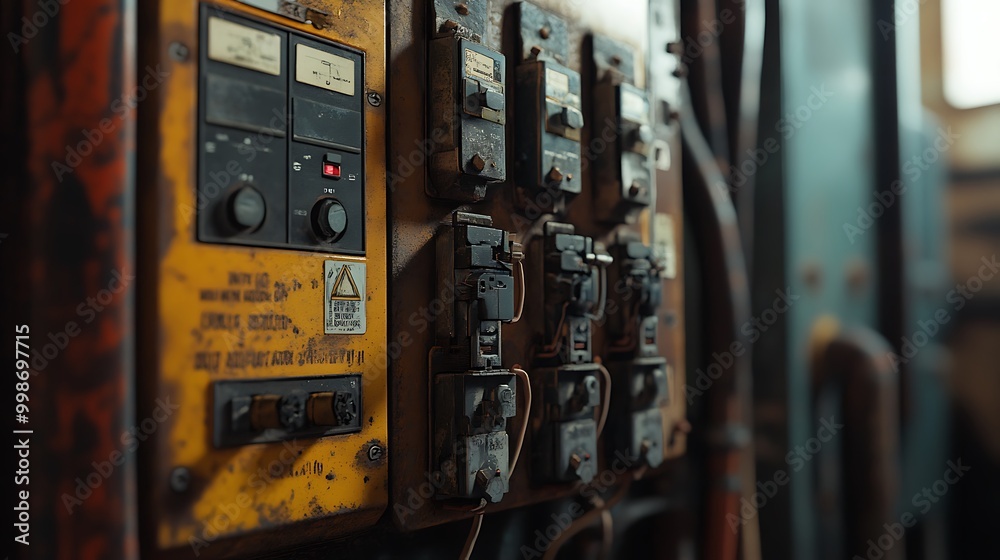 A detailed close-up of an industrial electrical panel, featuring ...