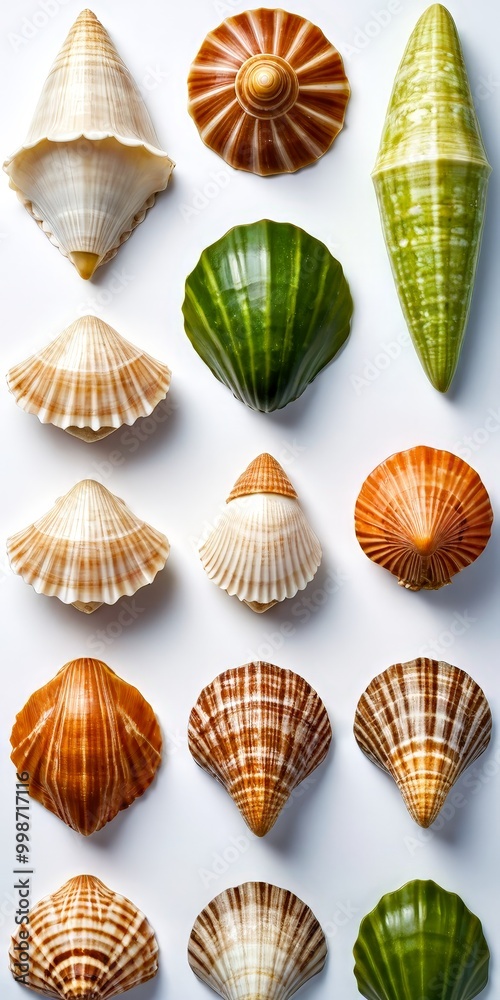 Twelve different types of seashells arranged in a 3x4 grid, showcasing ...