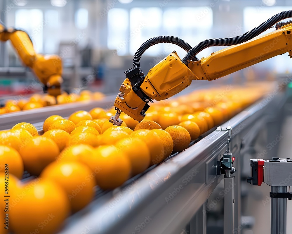 Quality control robots monitoring processed food packaging on an ...