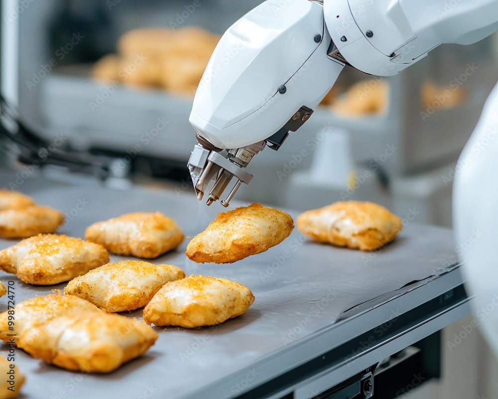 Robotic arms sorting and packaging processed food, ensuring quality ...