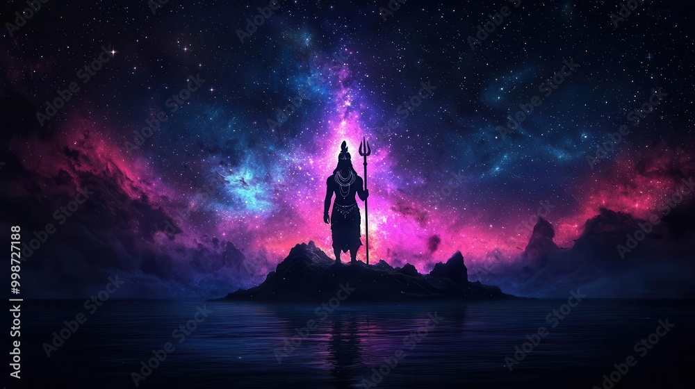 Shiva floating above a cosmic sea, trident sparking with energy ...