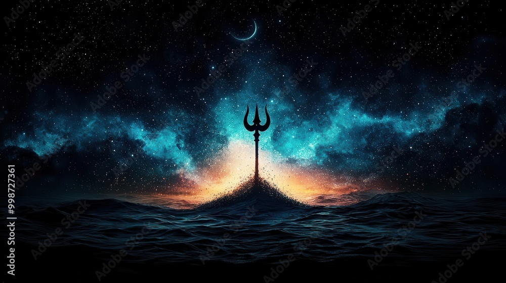 Shiva floating above a cosmic sea, trident sparking with energy ...