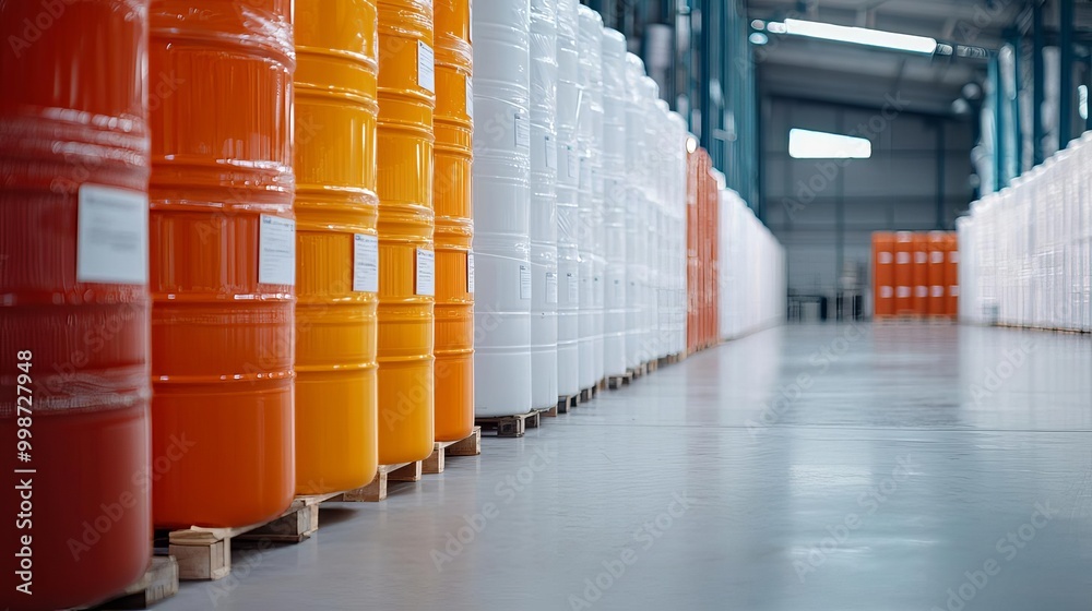 Rows of chemical drums stored in an industrial warehouse, safety ...