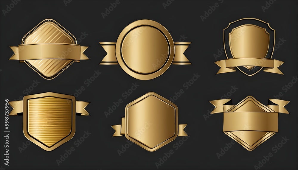 Stylish shield badges and emblematic ribbon logos in a modern sticker ...