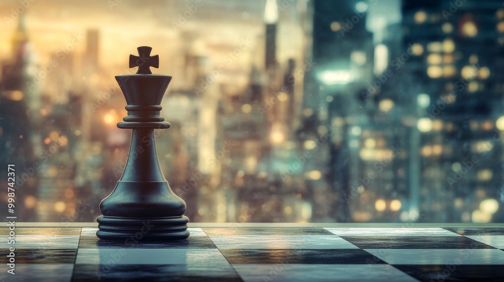 Chess piece on board with city skyscrapers in background symbolizing ...
