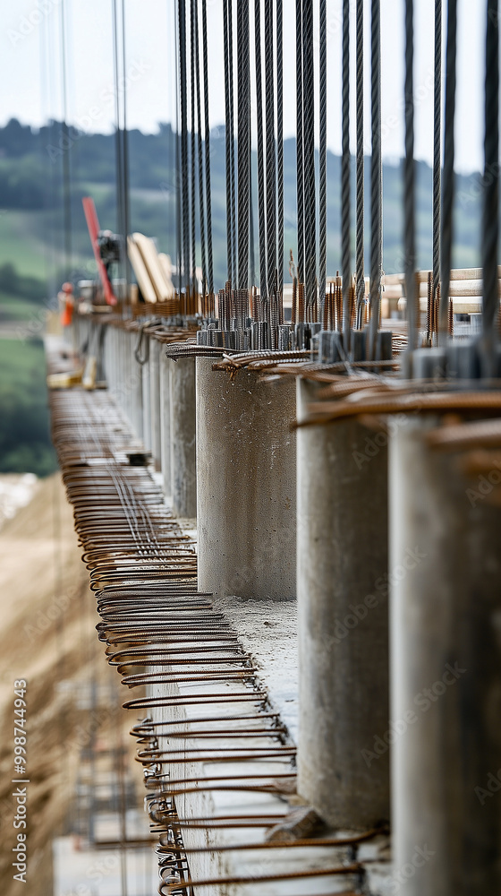 Concrete columns and rebar framework for bridge under construction ...