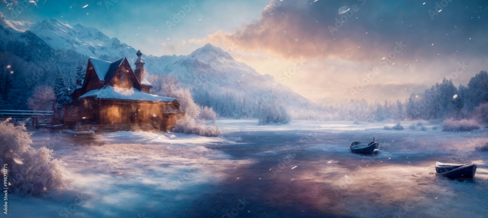 AI-generated image of a picture-perfect winter scene cottage with boats ...