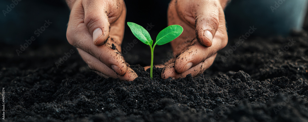 Nurturing small seedlings in fertile soil, hands gently cradle young ...