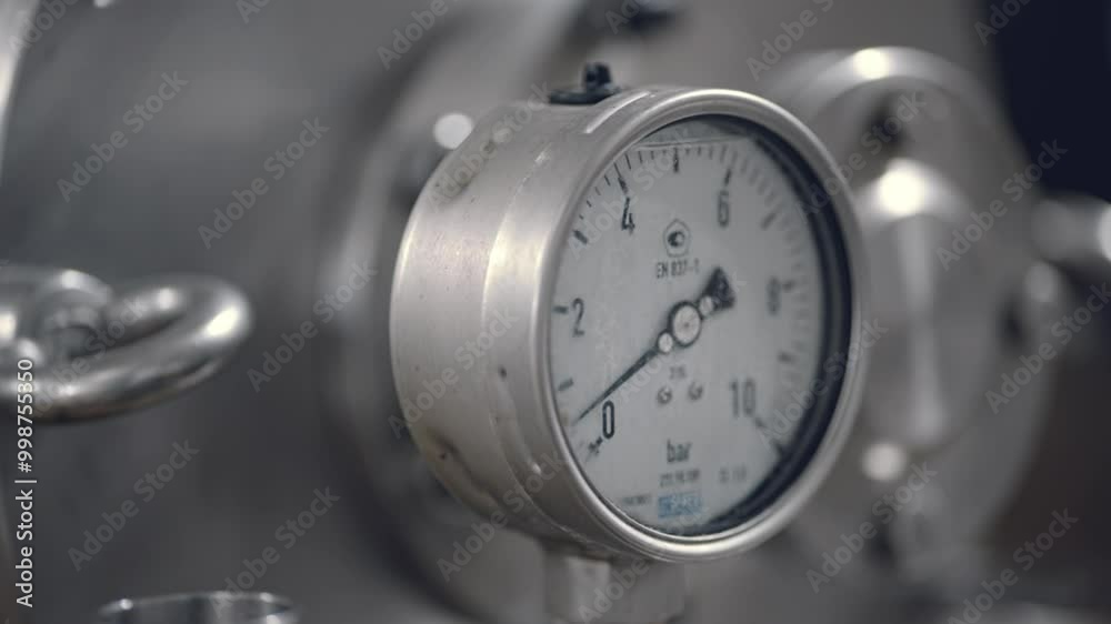 Close-up of a pressure gauge at the industrial dairy factory. Pressure ...