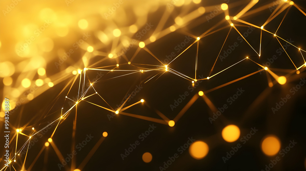 Abstract Golden Network of Lines and Glowing Dots on a Dark Background, Creating an Intricate ...