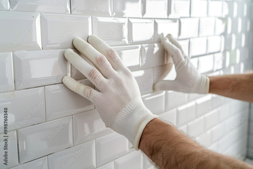 Male Worker Master Laying Ceramic Tiles on the Wall of Kitchen ...