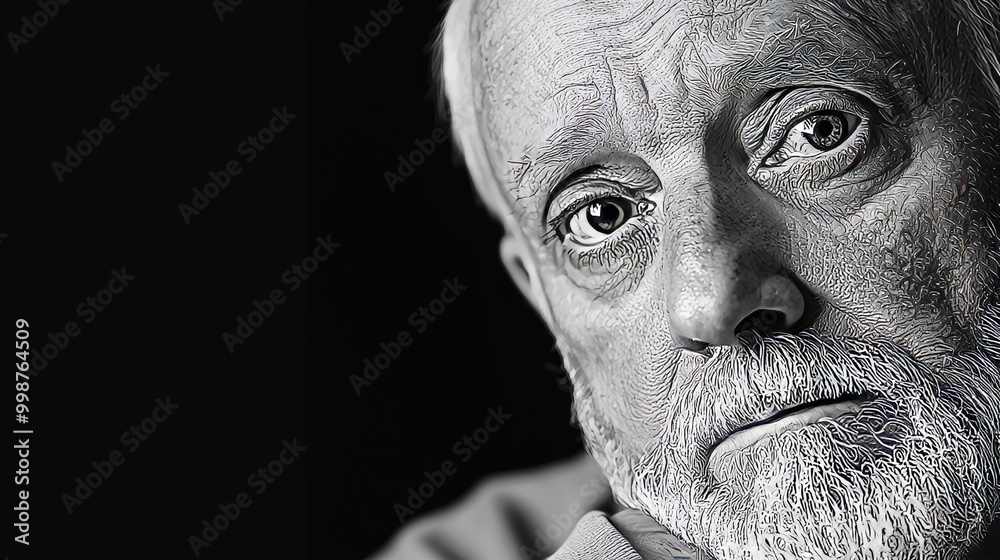 In chiaroscuro, the aged face of the stoic philosopher is etched with ...