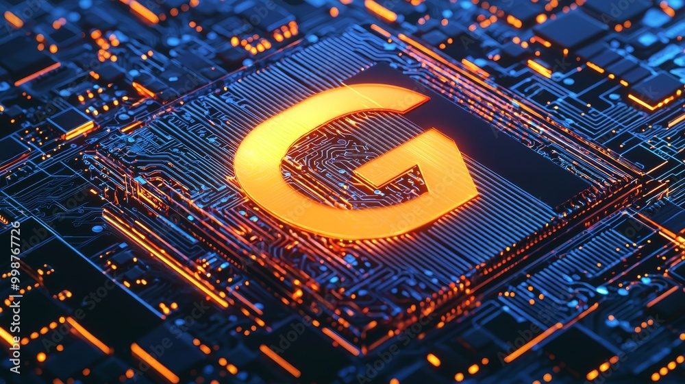 5G technology concept with an orange neon symbol on a microchip. Data ...