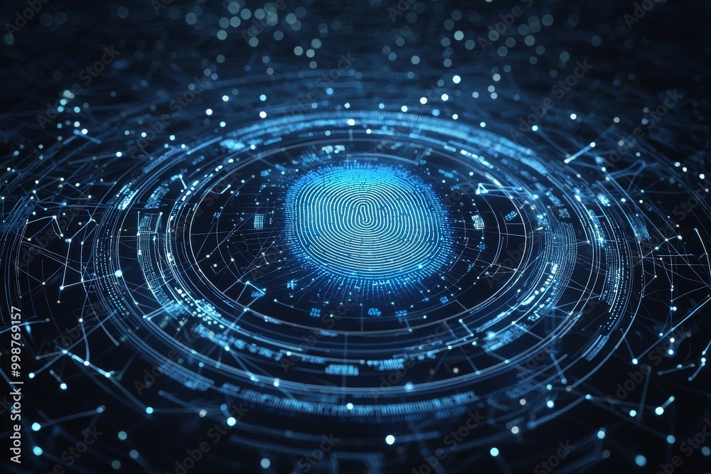 This stock image shows a digital finger print scan with blue glowing ...