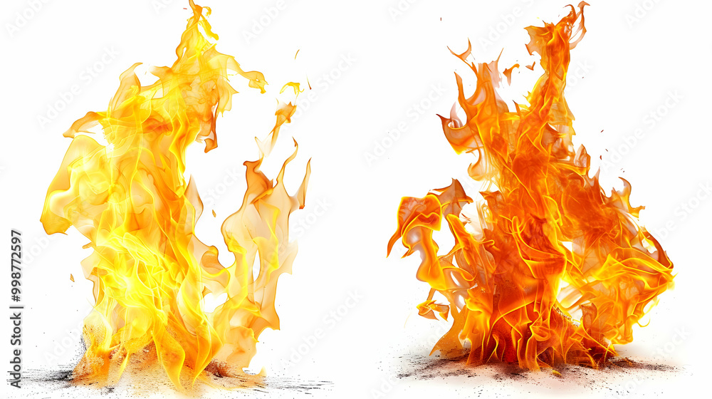Two Fiery Flames Dancing against a Pure White Background, Showing the ...