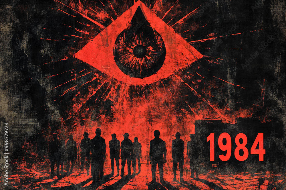 Dystopian artwork featuring a large red eye symbol and silhouettes of ...