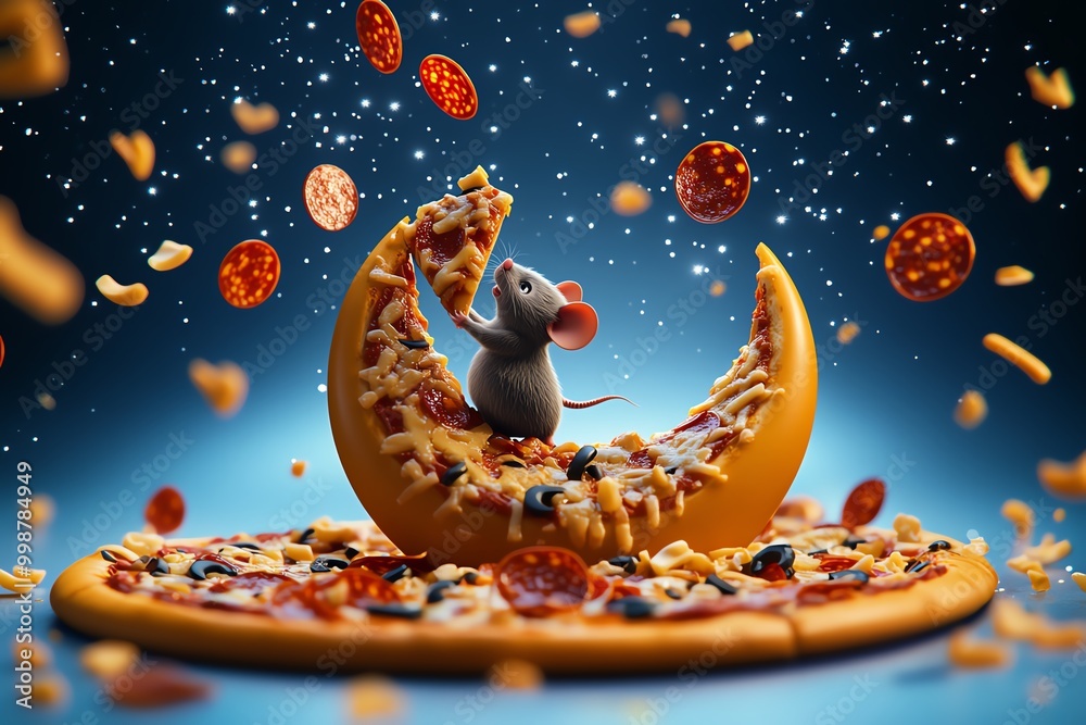 Create a whimsical image of a mouse holding a pizza slice, standing on ...